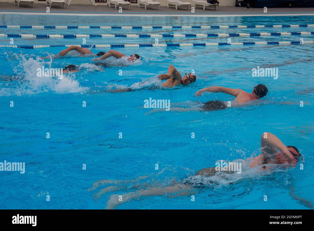 U.S. Marines execute a timed 500-meter swim during Water Survival ...