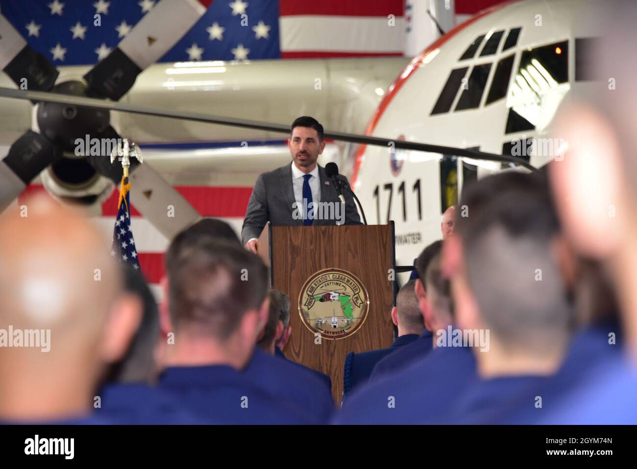 Chad Wolf, acting secretary of DHS, speaks to members of Coast Guard ...