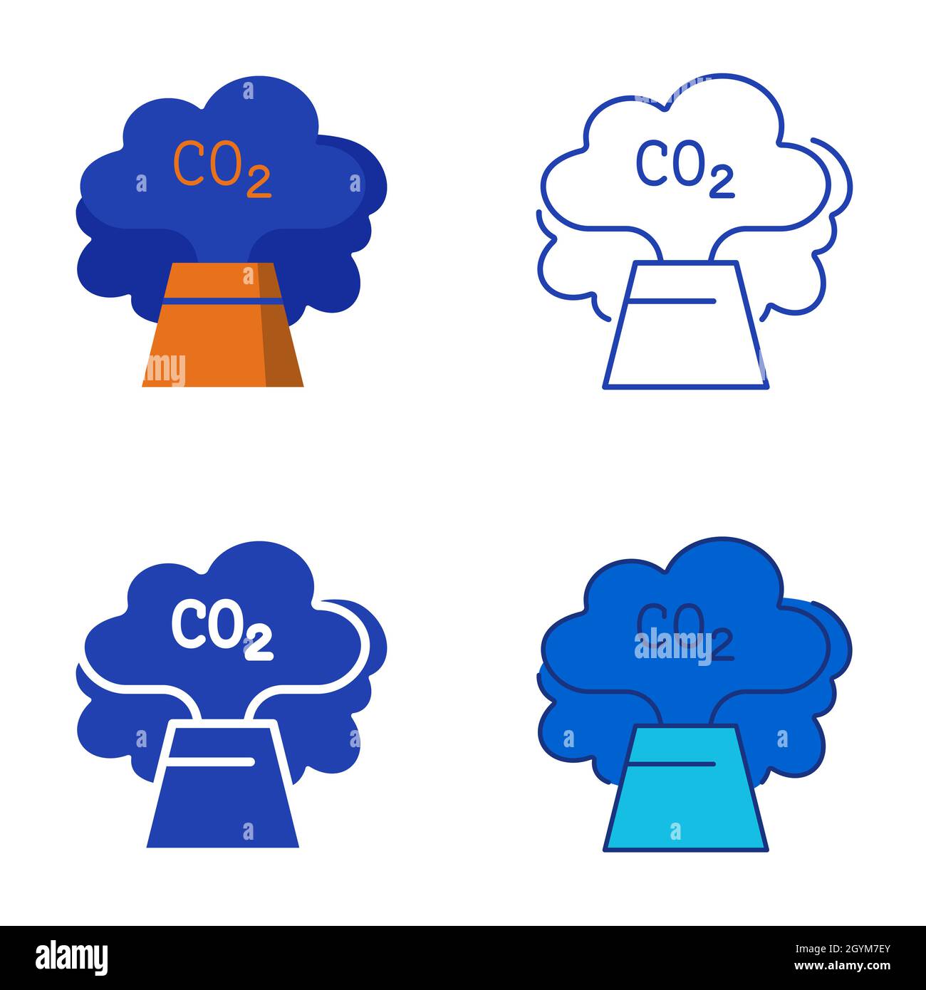 Carbon emission icon set in flat and line style. Plant chimney with co2 ...