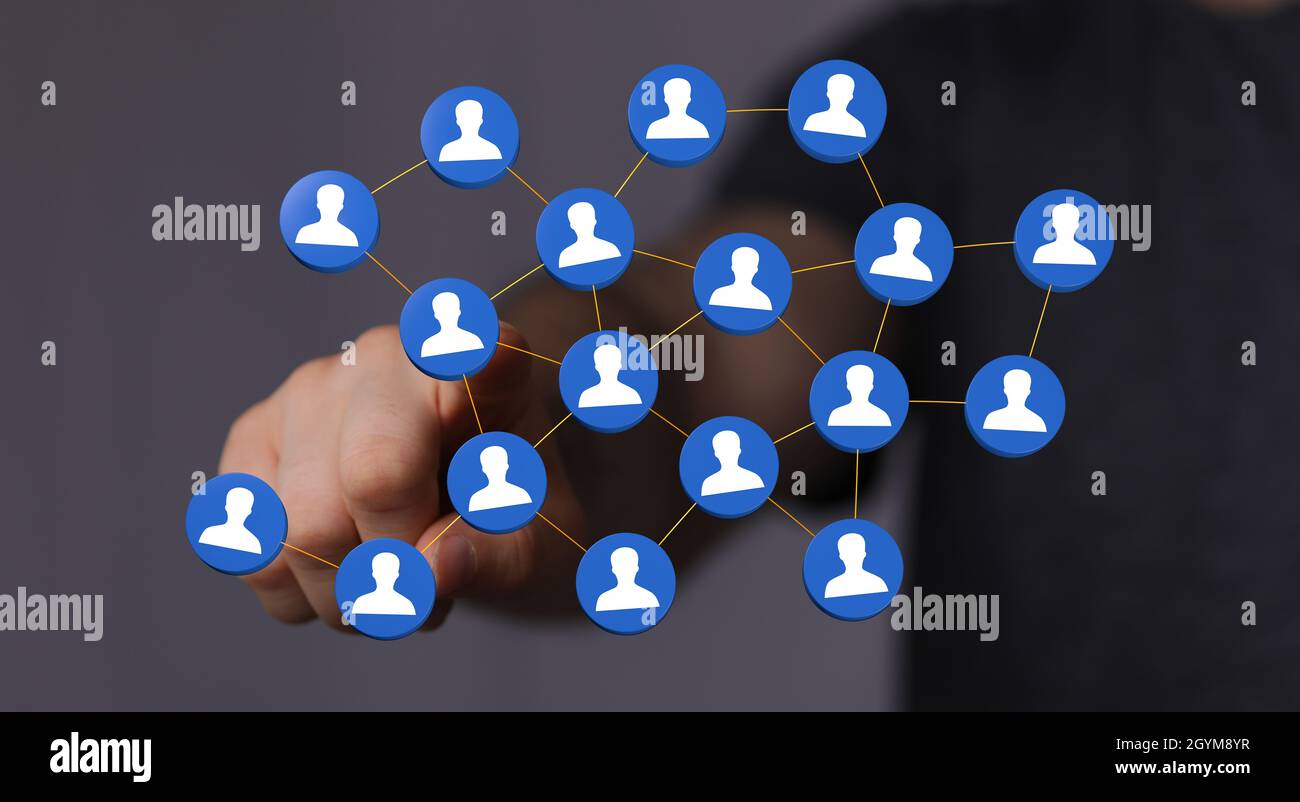 3d rendering of a team connection and network symbol and a female hand ...