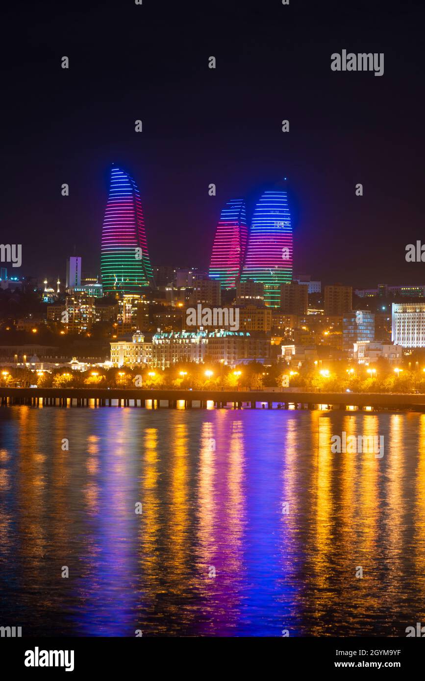 night photo of the waterfront of Baku, Azerbaijan, with the famous ...