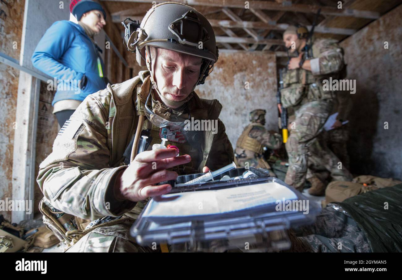A U.S. Air Force combat medic assigned to the 1st Special Operations Support Squadron, looks ...