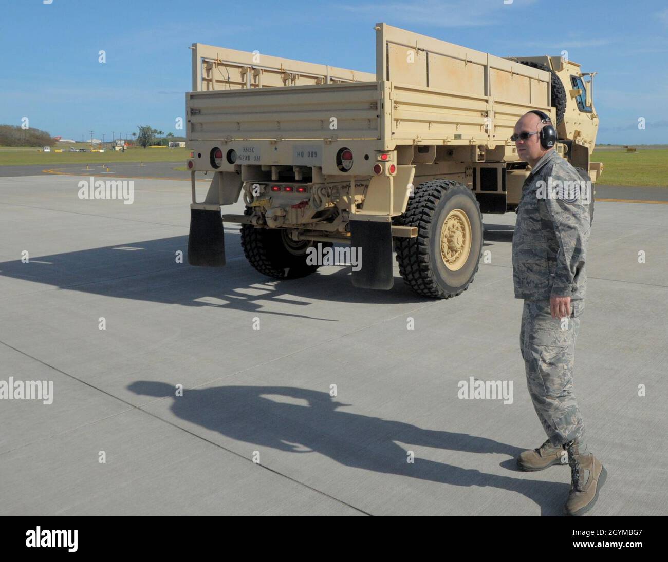 A U.S. Army Reserve LMTV truck is prepared for loading aboard an Air ...
