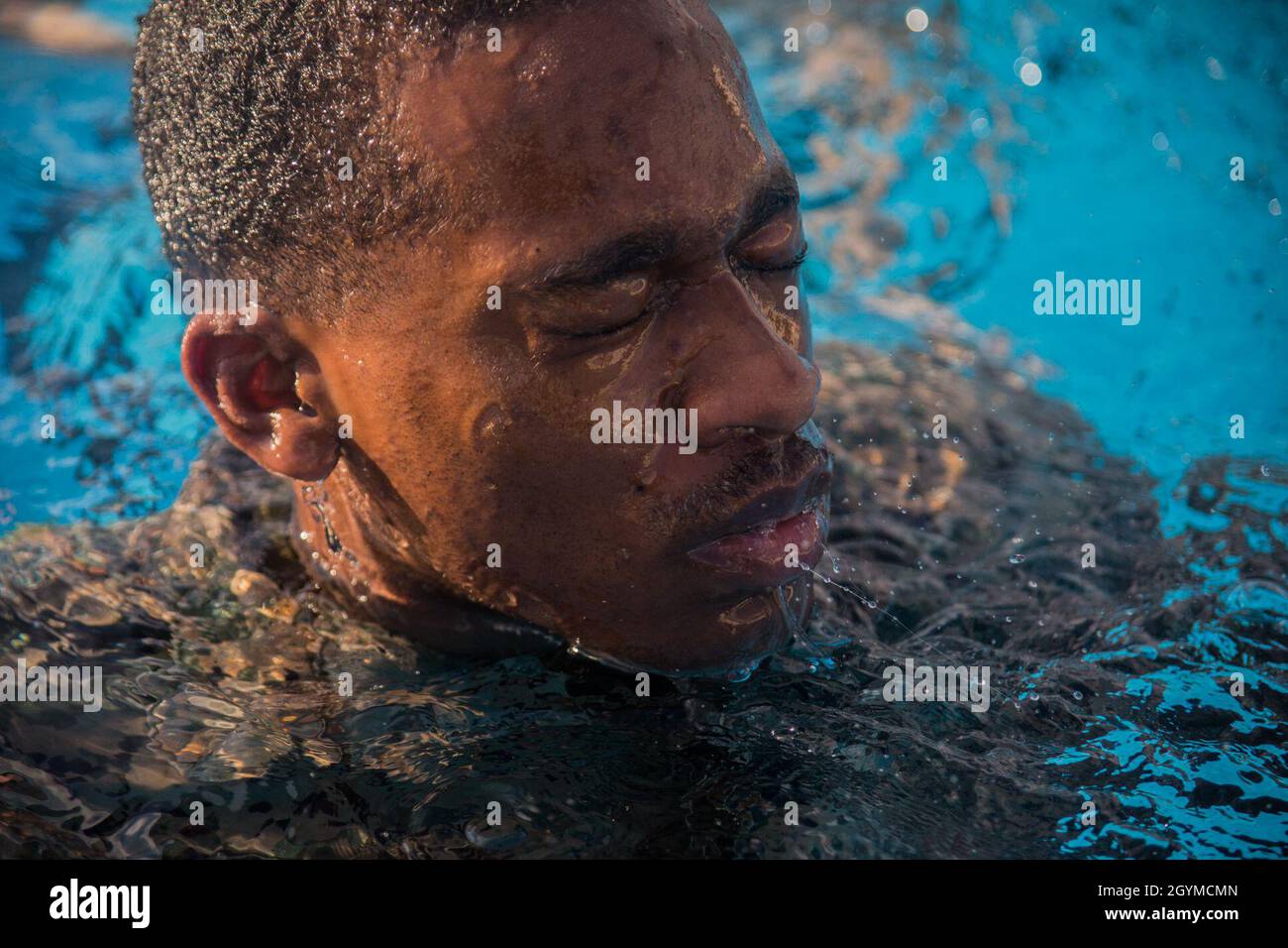 A U.S. Marine treads water during water survival advanced (WSA ...
