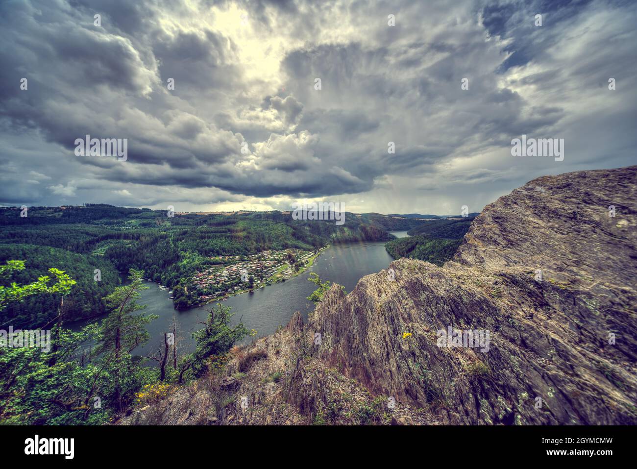 Beautiful landscape view of a river flowing through the residential ...