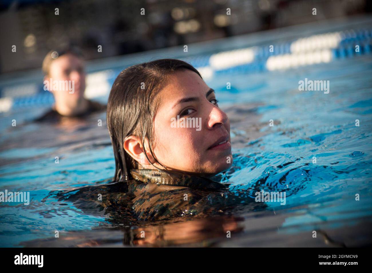 A U.S. Marine treads water during water survival advanced (WSA ...