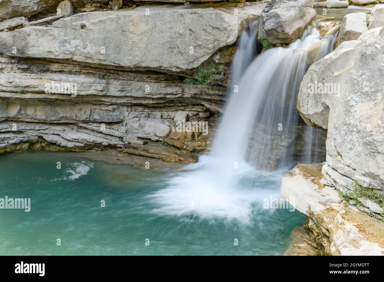 Cascade of emerald water in the gorges of the meouge. France, Drome ...
