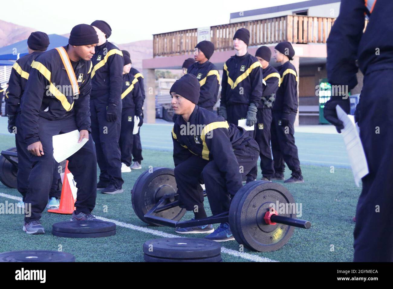 A Blackhorse Trooper prepares to lift the hex bar for the 3 Repetition ...