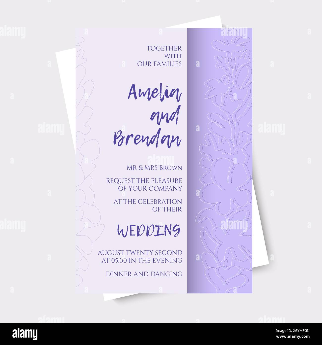 Vector illustration of wedding invitation template with violet lavender ...