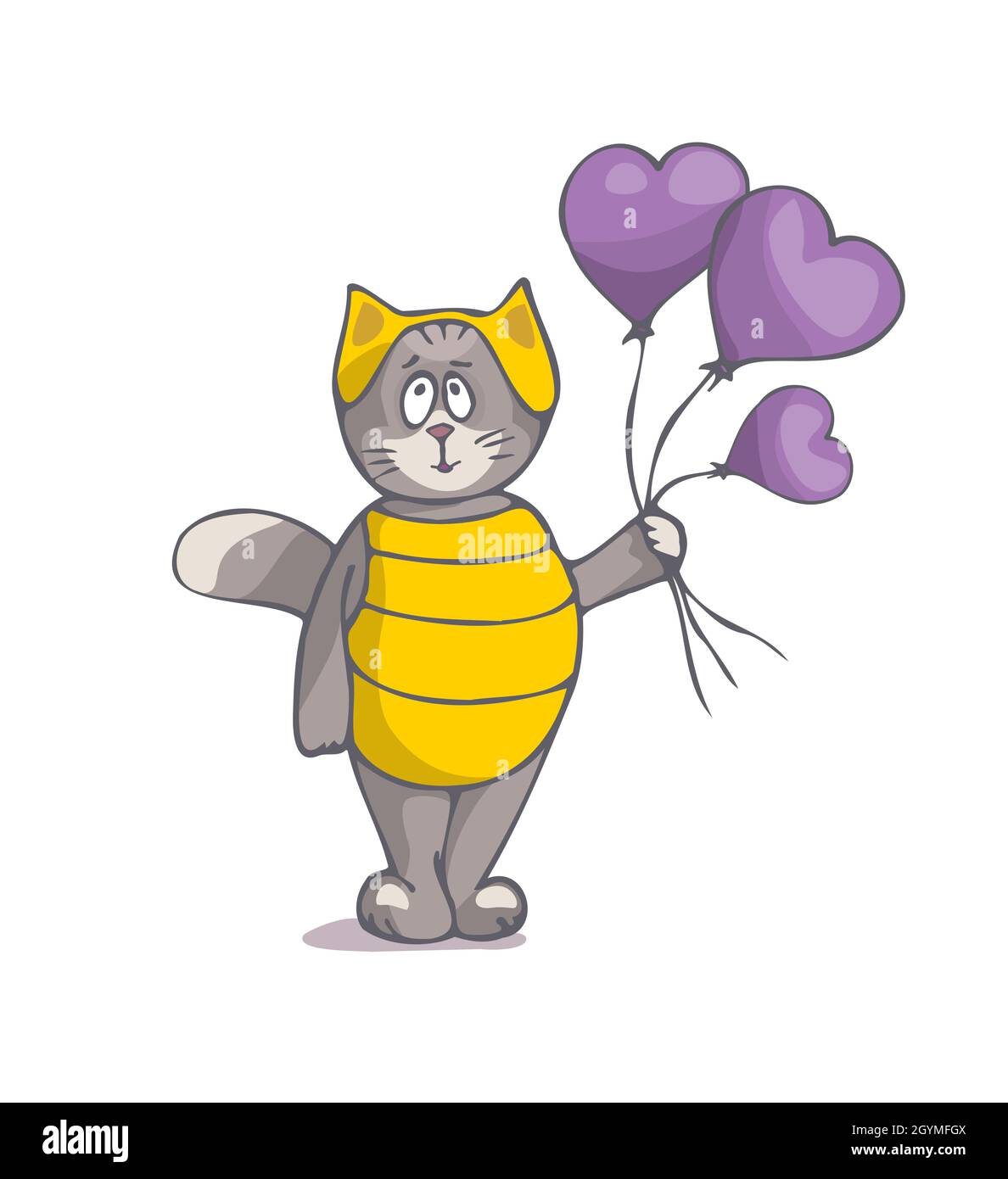 Cute cartoon cat in a yellow suit, with balloons in the shape of a ...