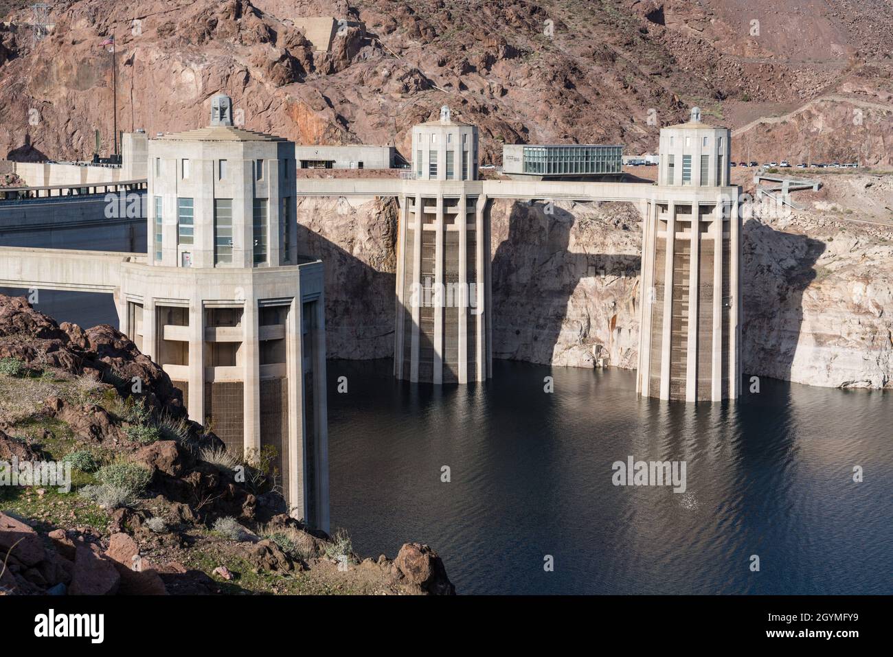 The water intake towers of Hoover Dam at Lake Mead with the visitor ...