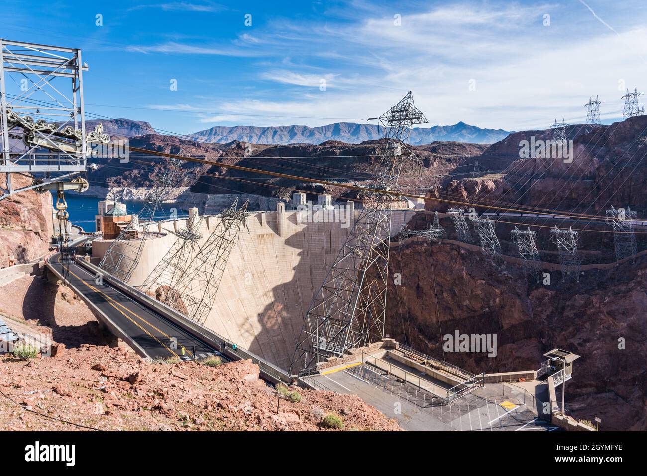 Powerline towers in front of the face of Hoover Dam on the Colorado ...