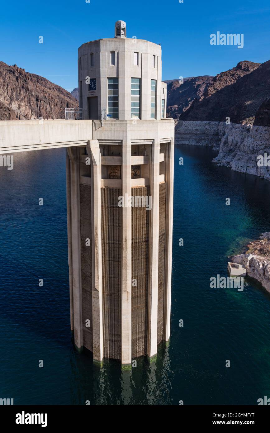 A water intake tower of Hoover Dam at Lake Mead, seen from the Arizona ...