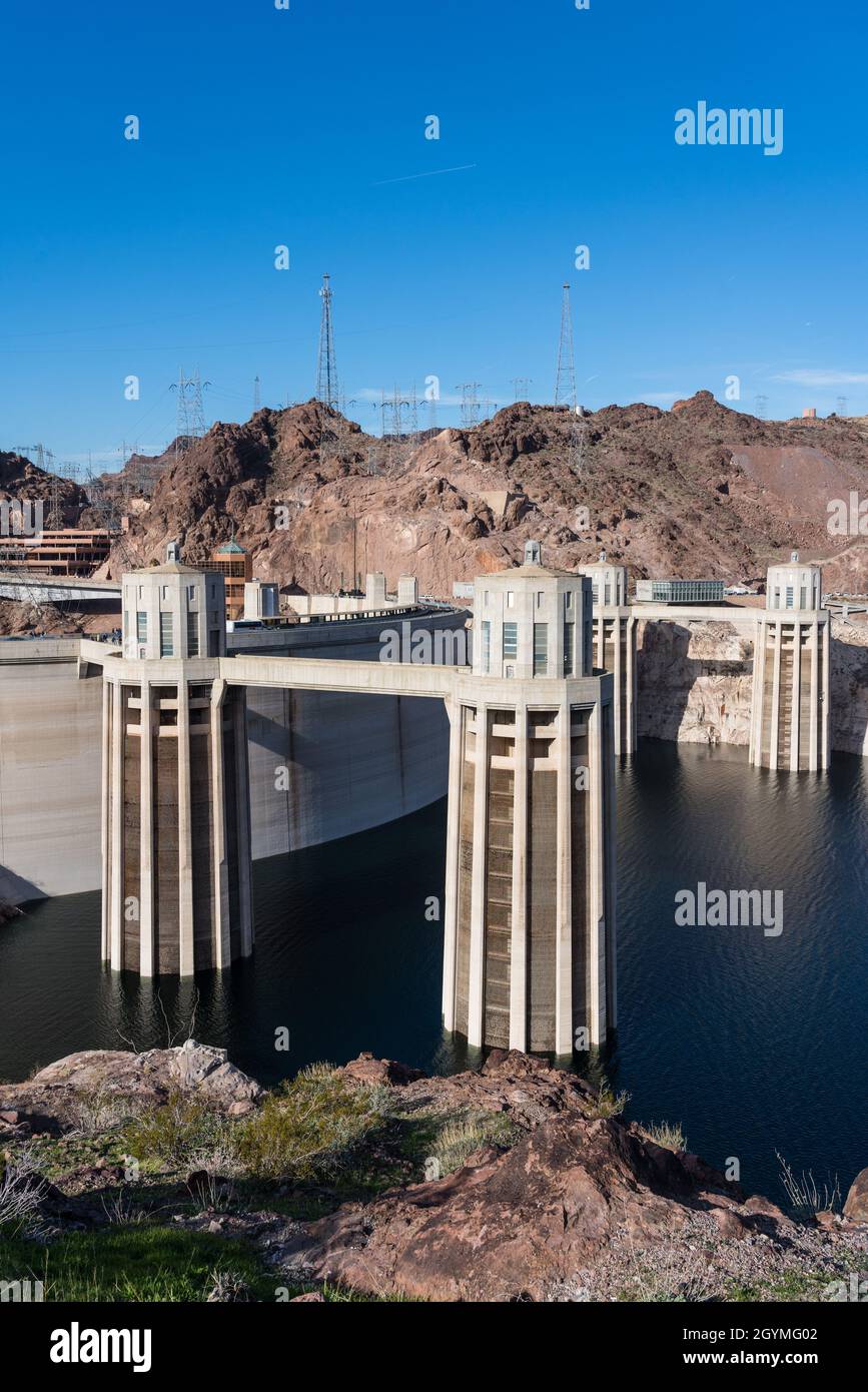 The water intake towers of Hoover Dam at Lake Mead with the visitor ...