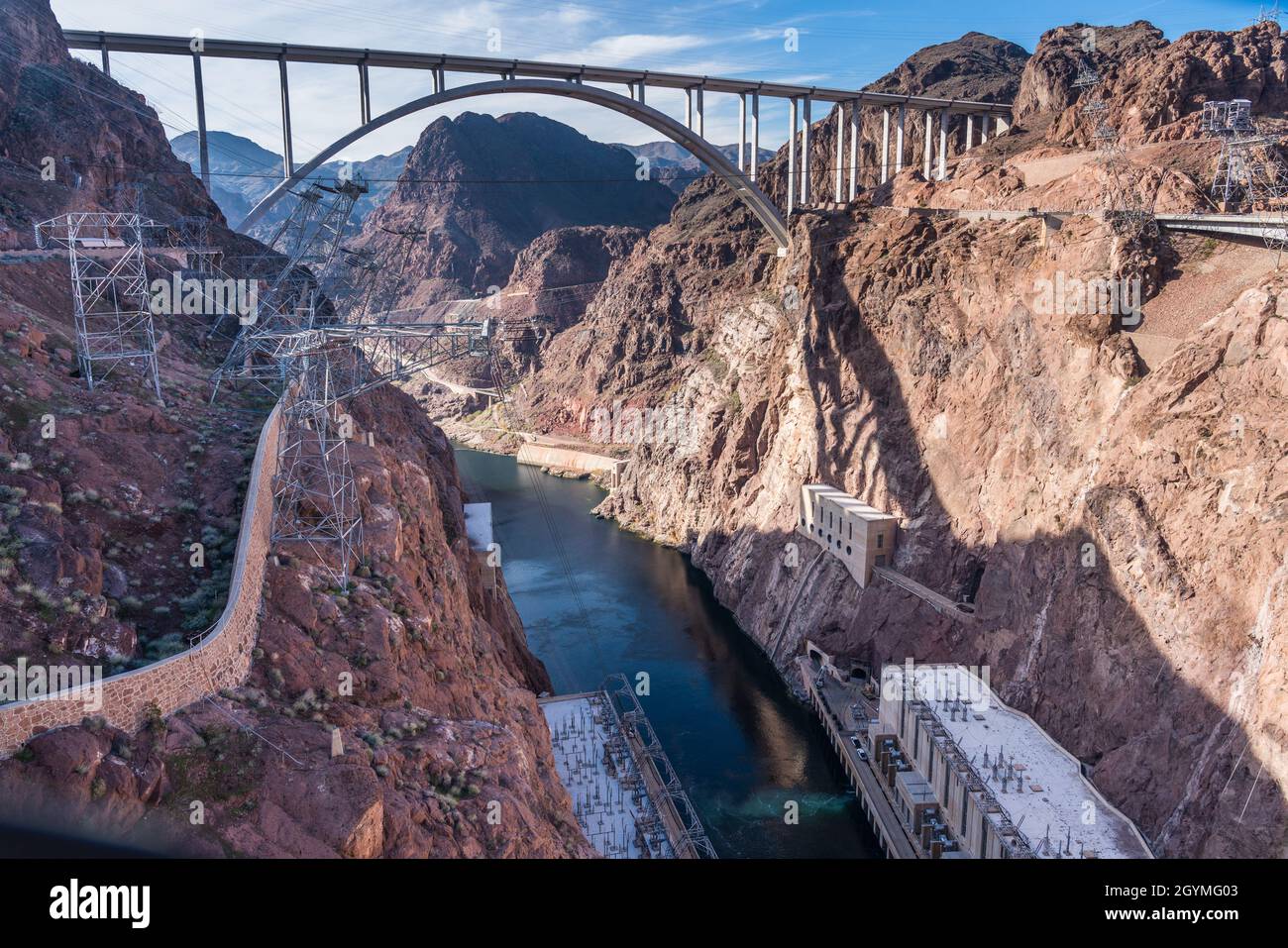 The powerhouse generating station at the base of Hoover Dam with the ...