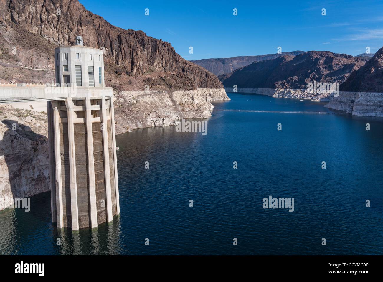 A Nevada water intake tower of Hoover Dam at Lake Mead, seen from the ...