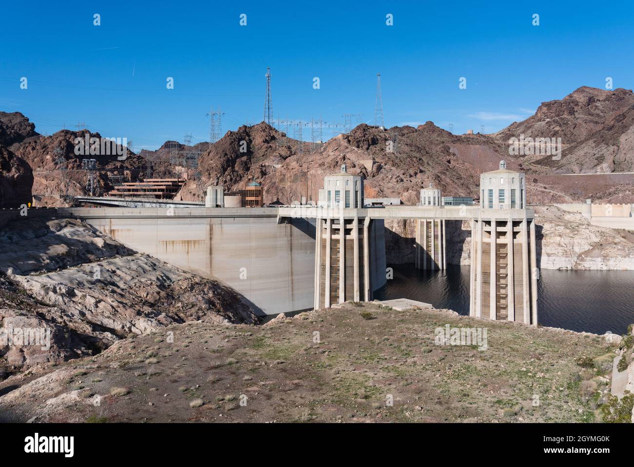 The water intake towers and the back of Hoover Dam at Lake Mead, seen ...
