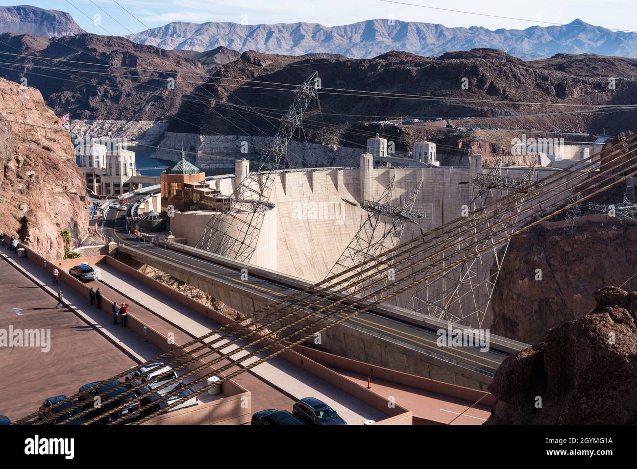 Powerline towers in front of the face of Hoover Dam on the Colorado ...