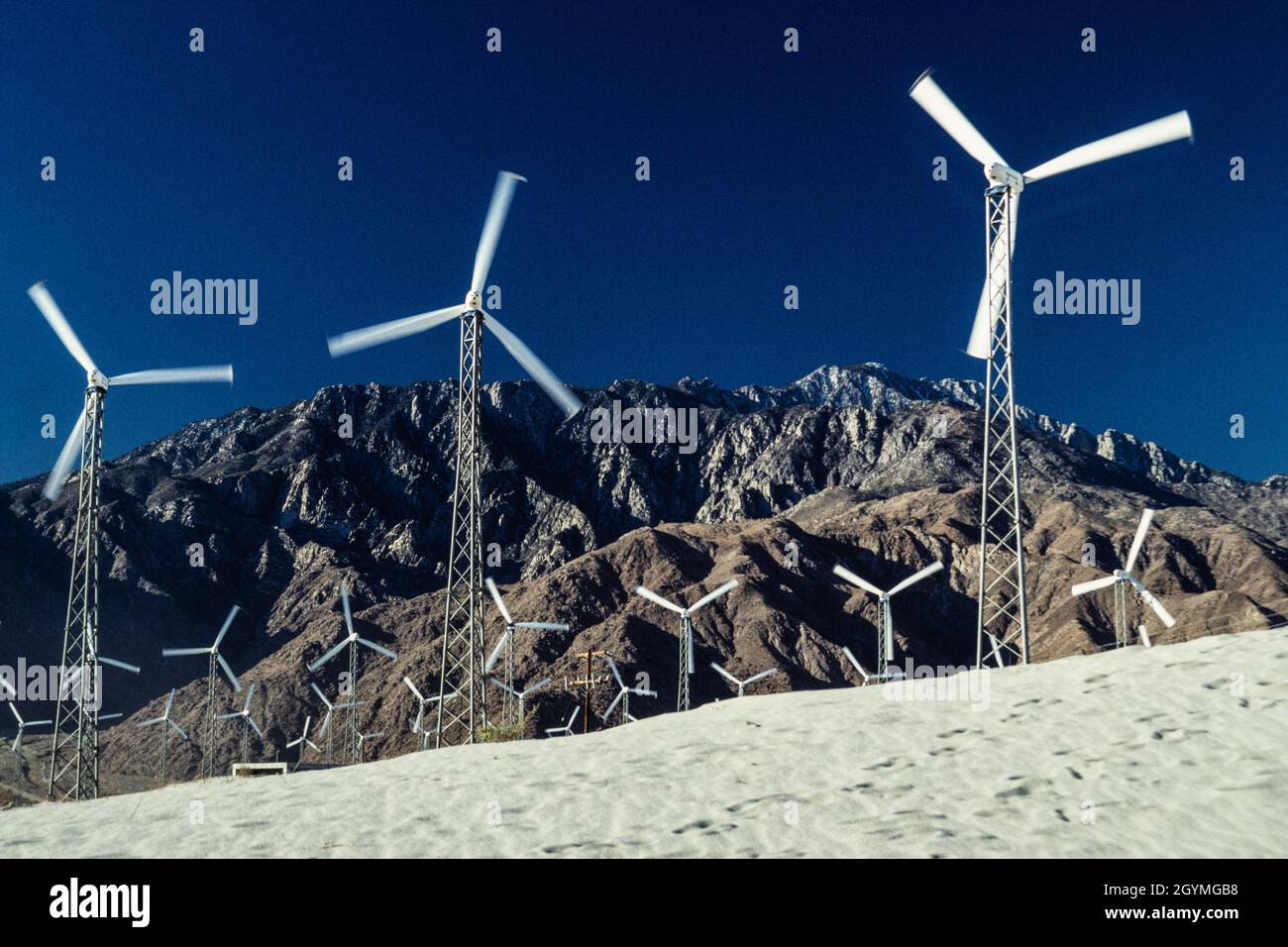 The spinning rotors of wind-powered electricity generators near Palm ...