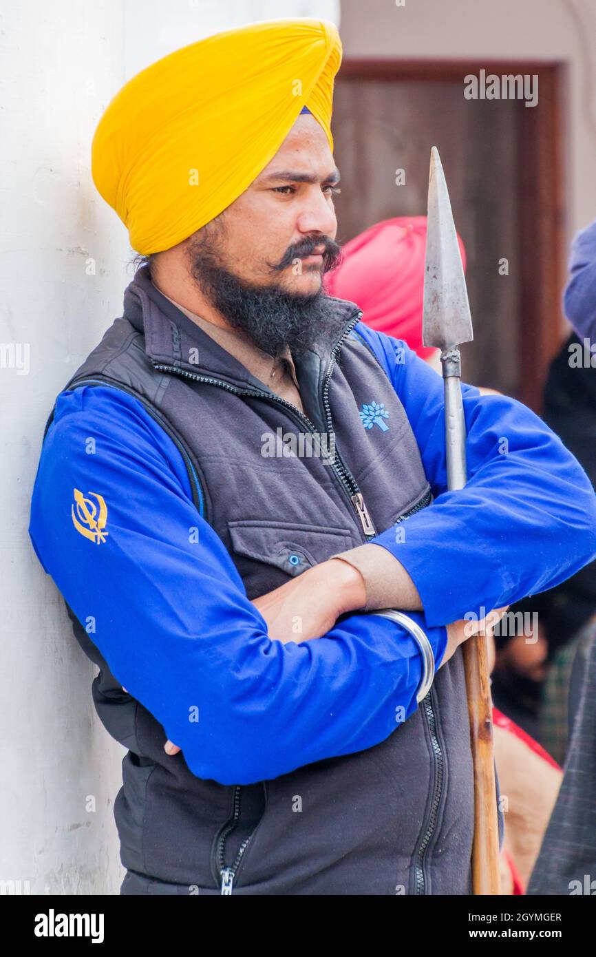AMRITSAR, INDIA - JANUARY 26, 2017: Sikh warrior with a spear on a ...
