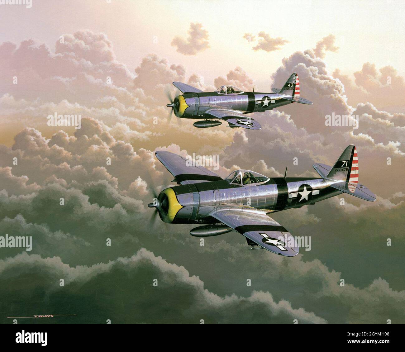 Two P-47 Thunderbolt fighter jets flying over clouds Stock Photo - Alamy