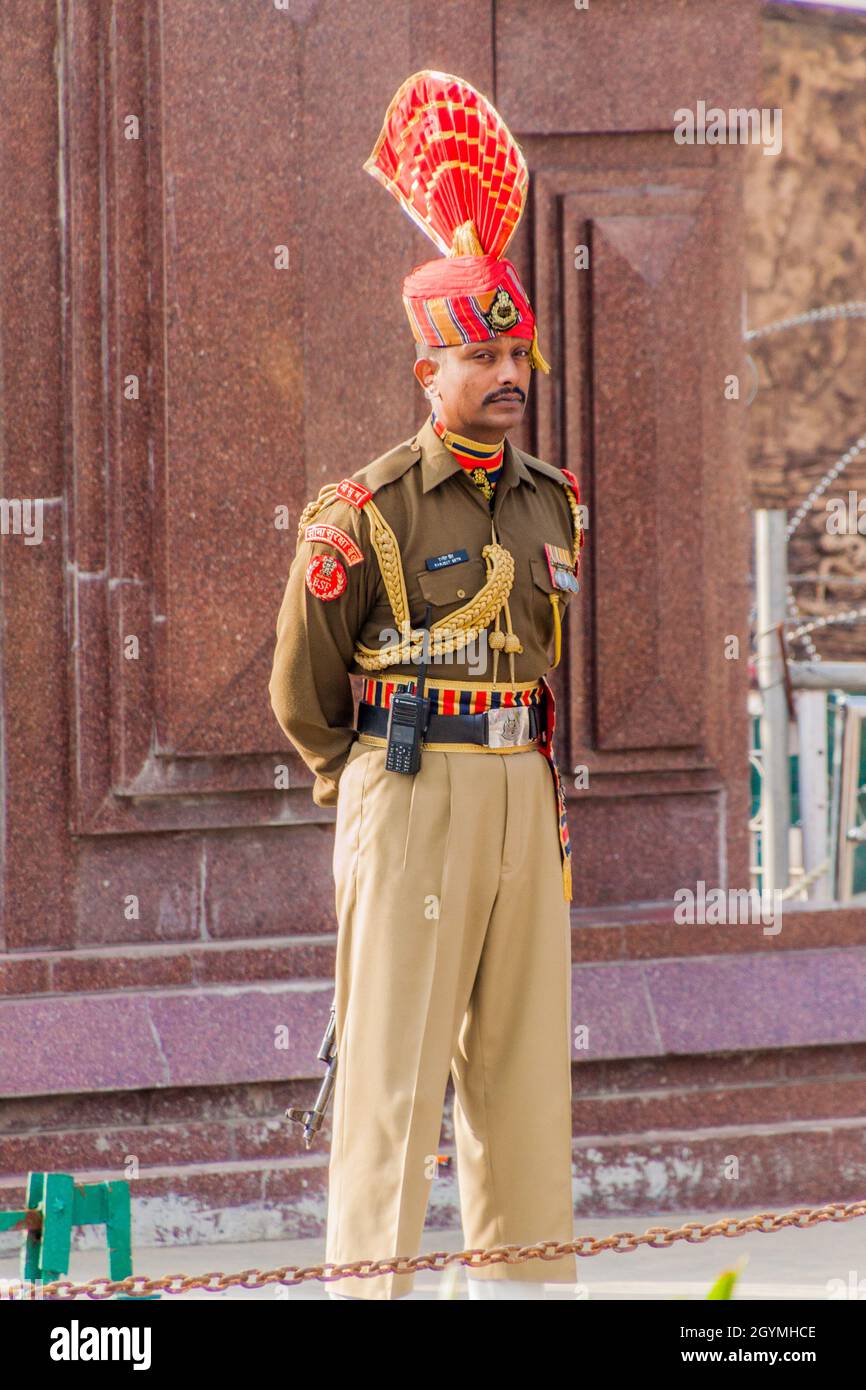 WAGAH, INDIA - JANUARY 26, 2017: Indian border guard at the military ...