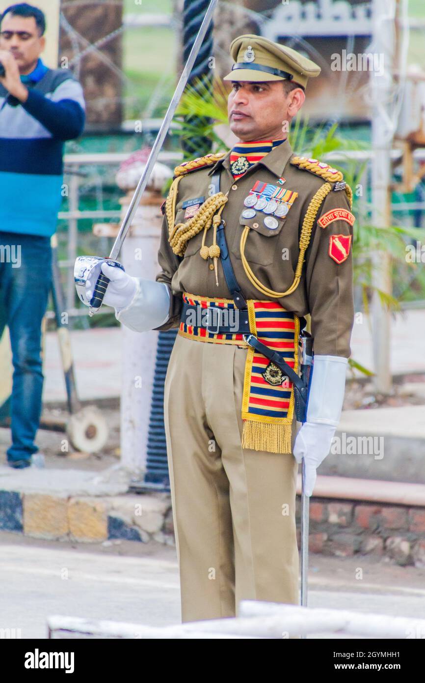 WAGAH, INDIA - JANUARY 26, 2017: Indian border guard at the military ...