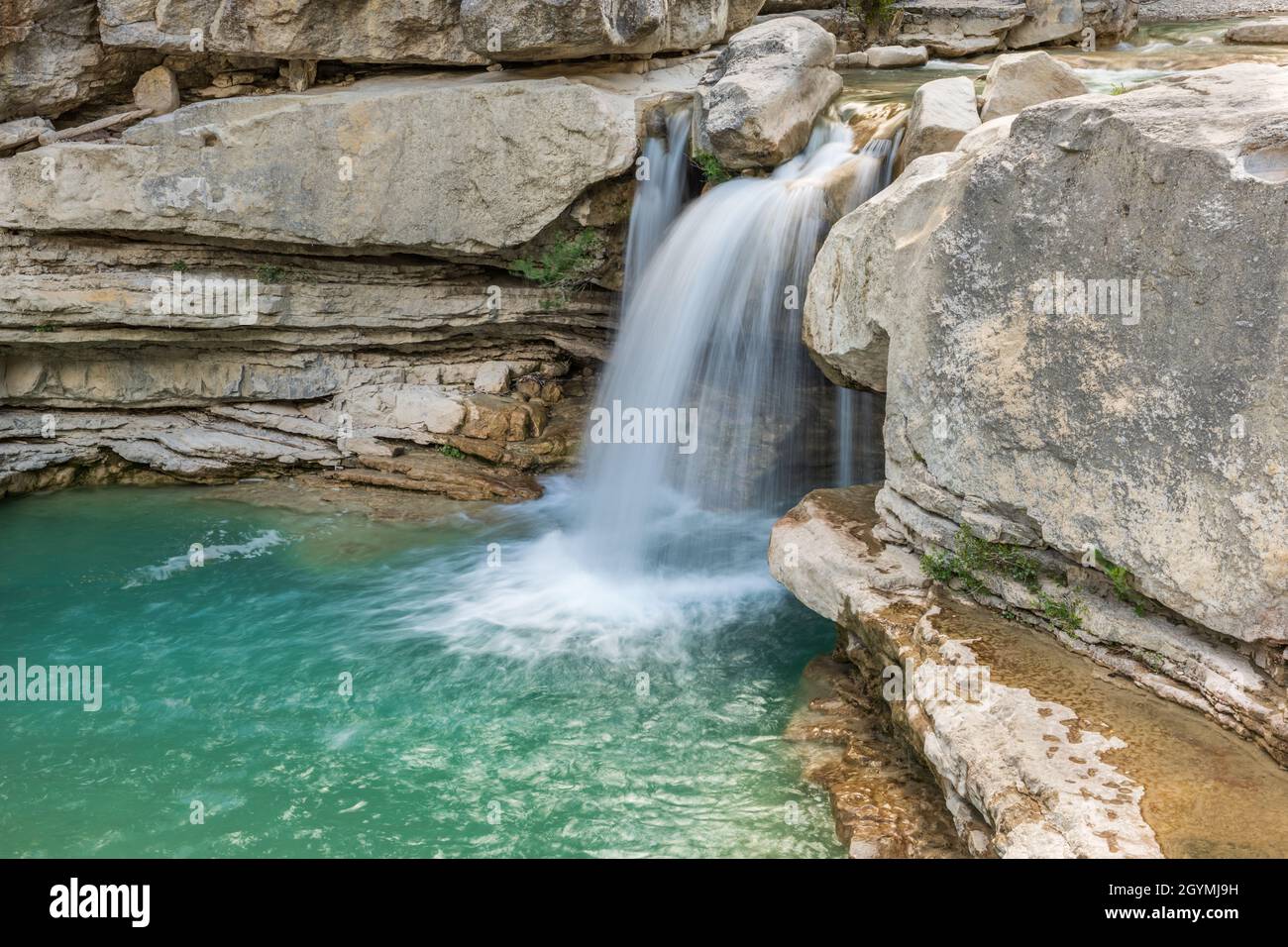 Cascade of emerald water in the gorges of the meouge. France, Drome ...