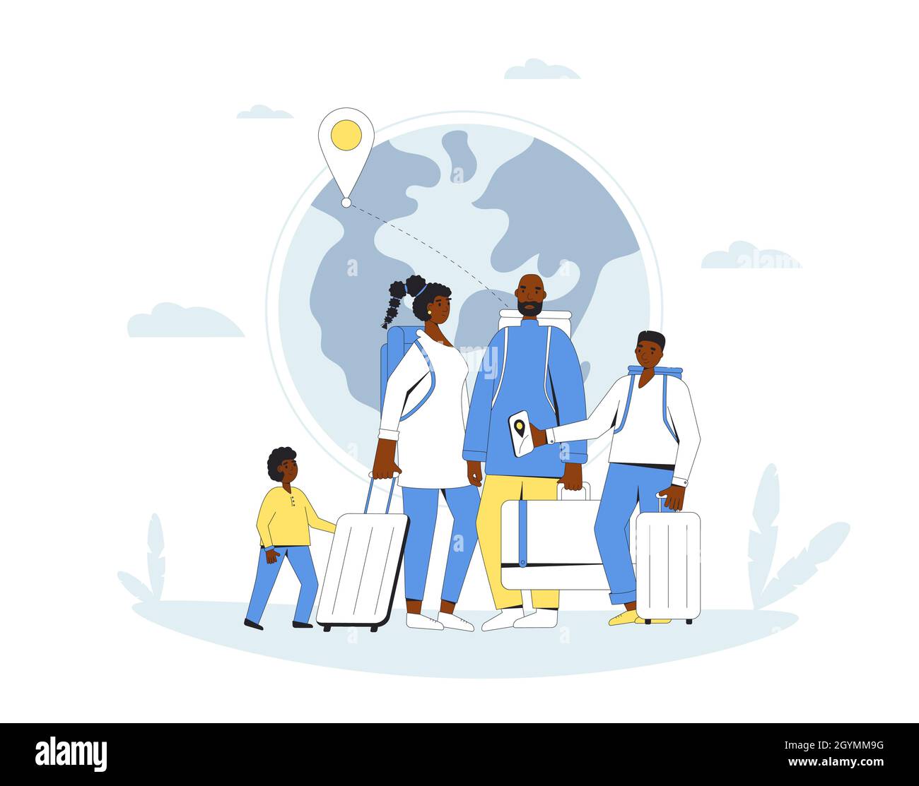 Family migration. Mother, fathers and sons people with bags and ...