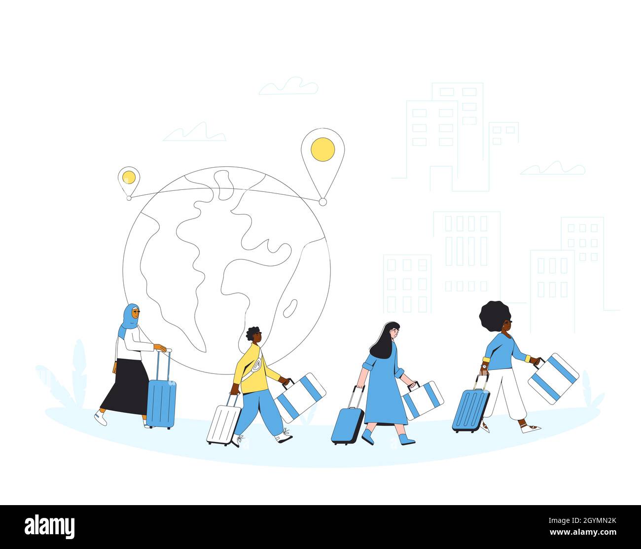 International migration. Group of different people with bags and ...