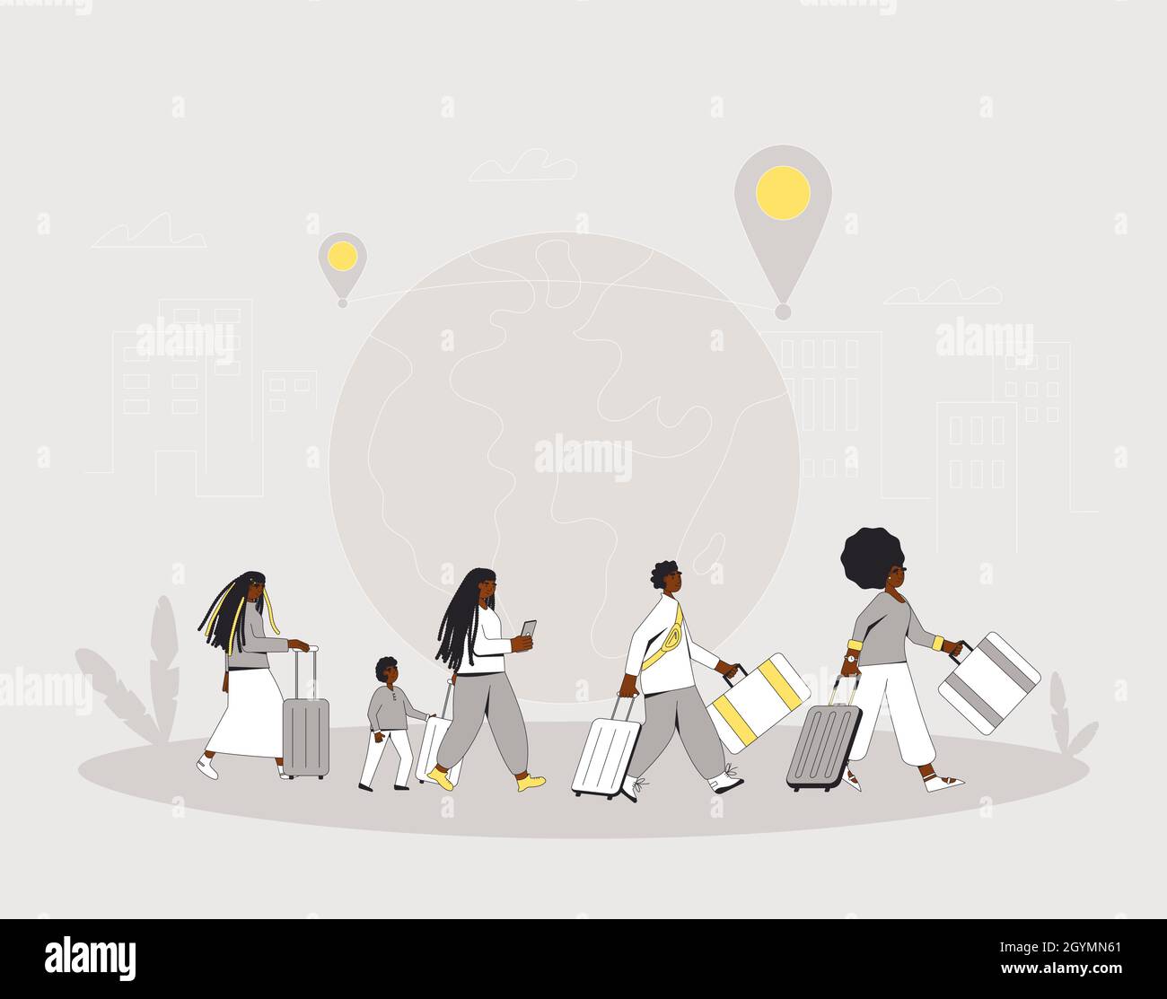 Family migration. Group of people with bags and suitcases. Filled line ...