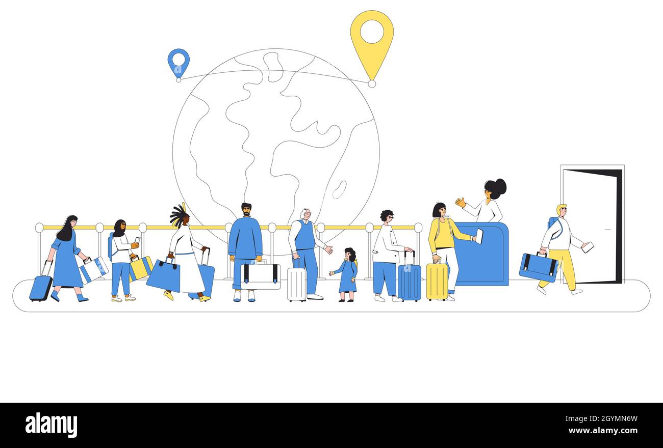 International migration. Immigrants queue. Group of different people ...