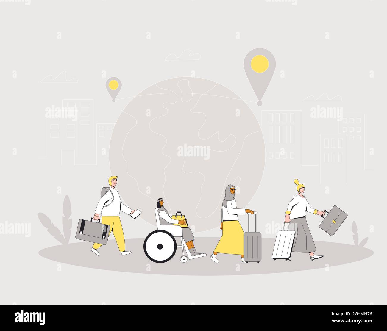 International migration. Group of different people with bags and ...