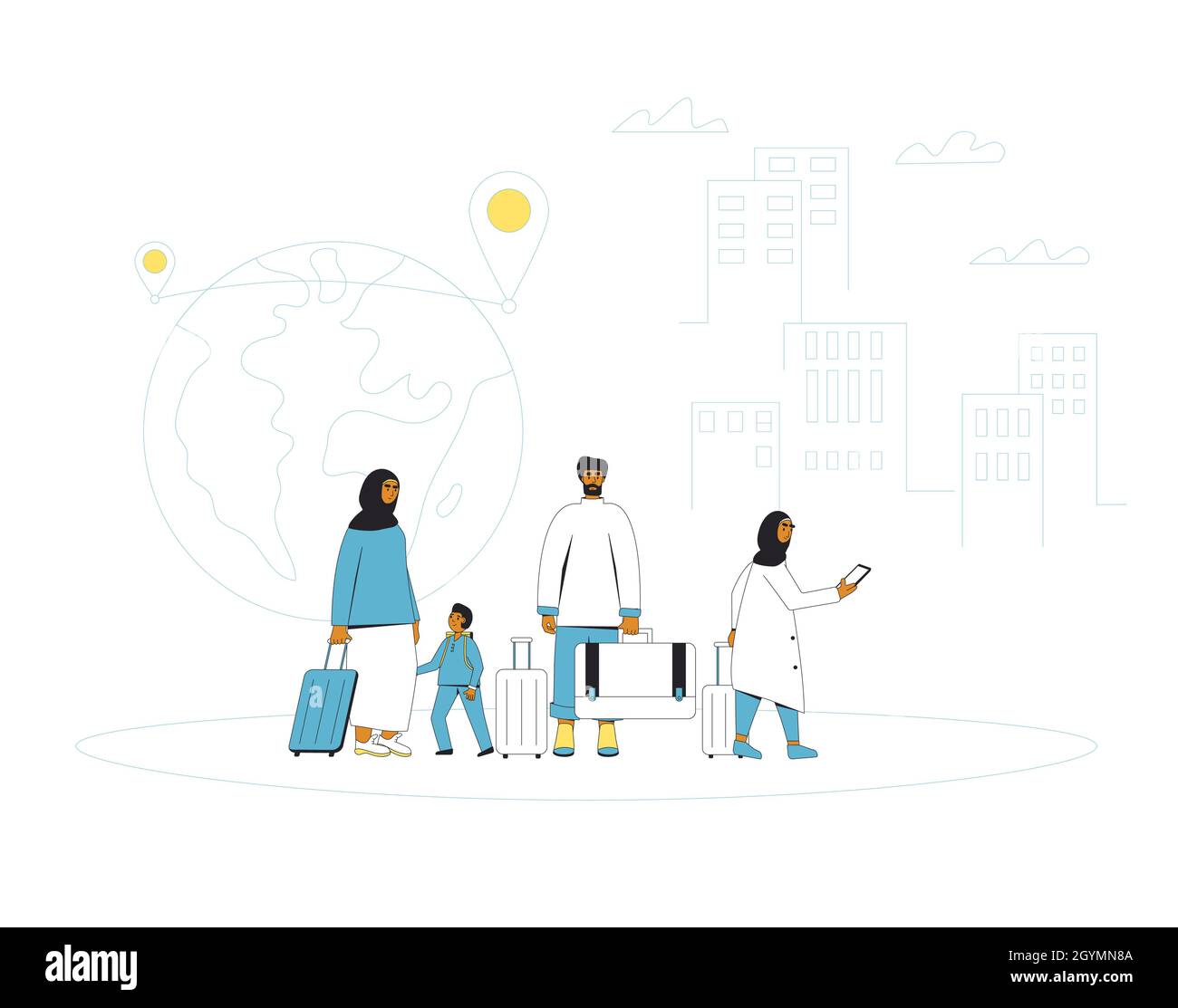 Family migration. Mother, fathers and son and daughter with bags and ...