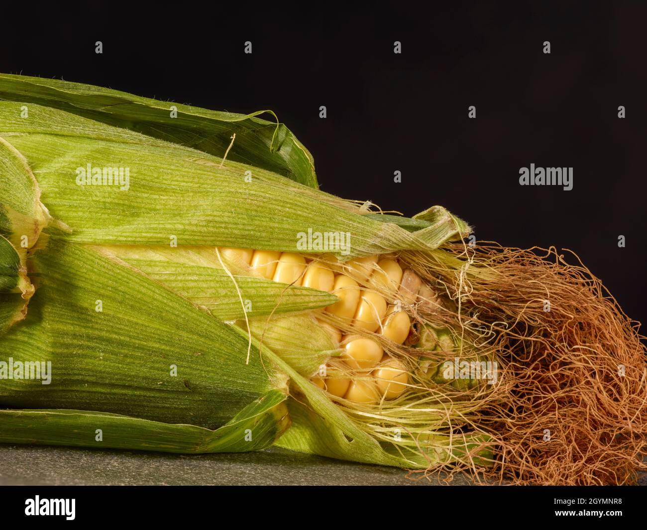 Dramatic close-up food ingredient still-life of sweet corn against a ...