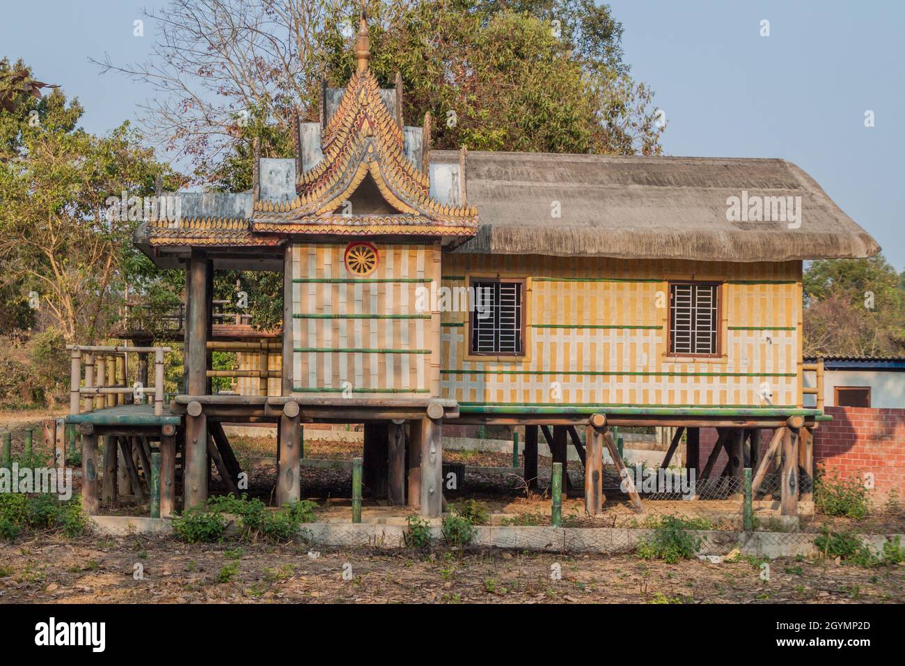 One of houses in the Ethnic village in Kaziranga, Assam state, India ...