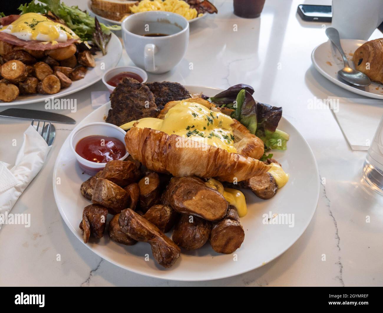 Top down view of a large breakfast spread of eggs benedict, fingerling ...