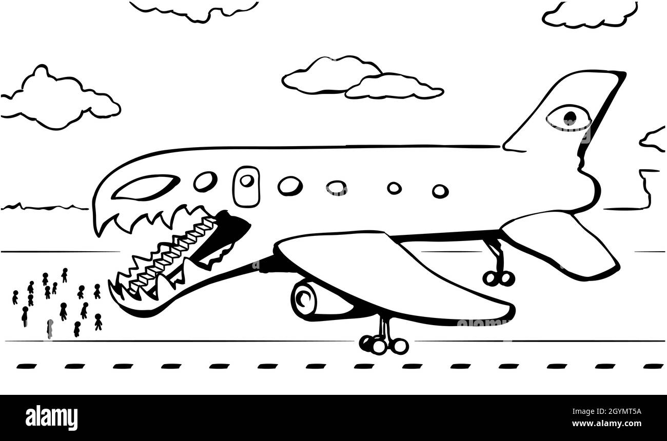 Airplane monster jaws cartoon line drawing, vector, horizontal, black ...