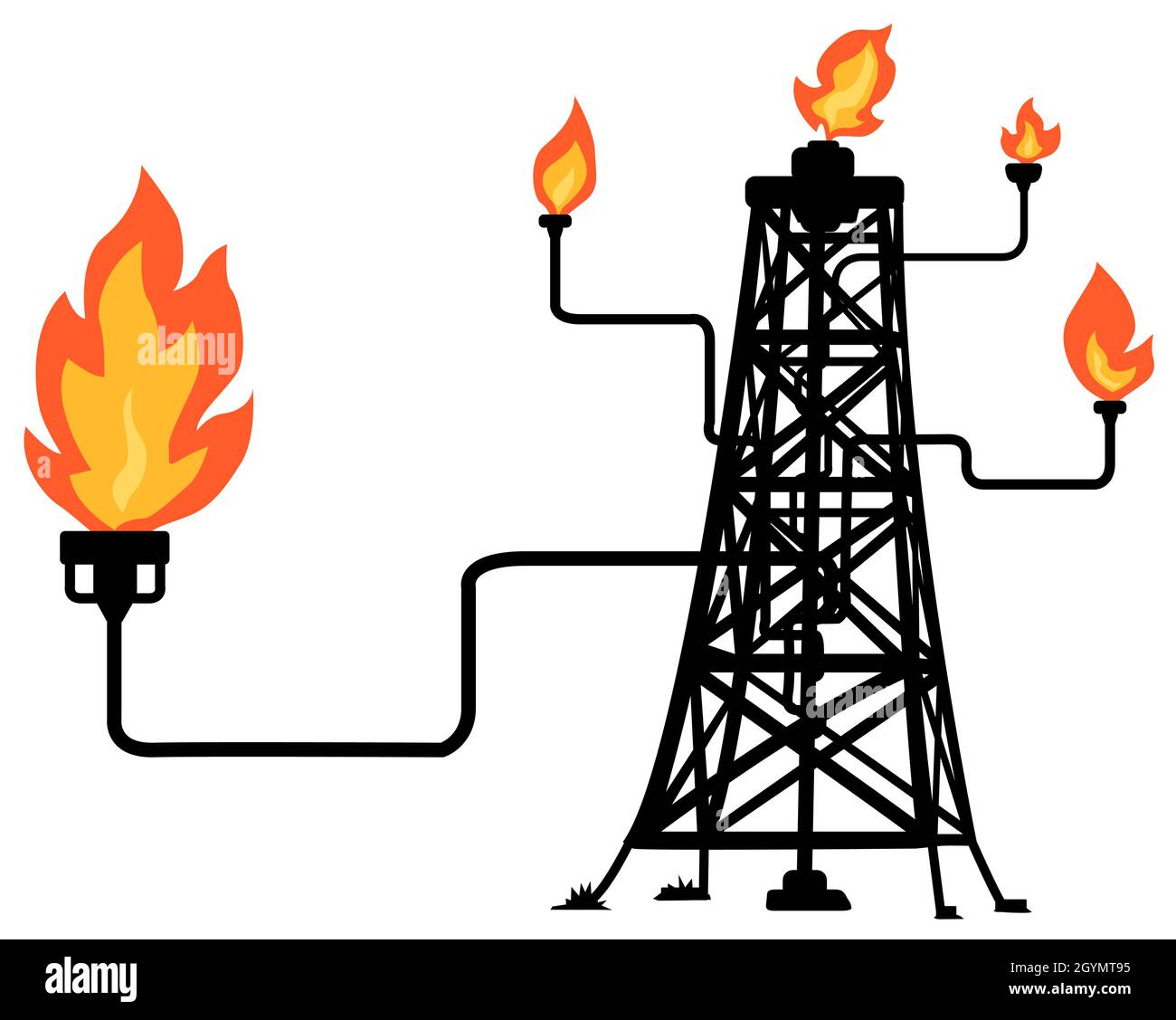 Oil fire rig with many pipes burning surreal cartoon color vector ...