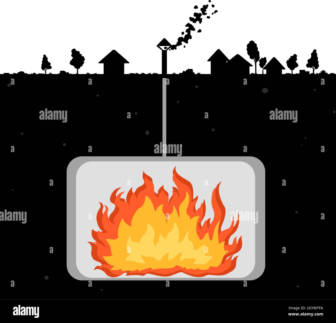 Underground big fire concealed hidden scene silhouette cartoon black ...