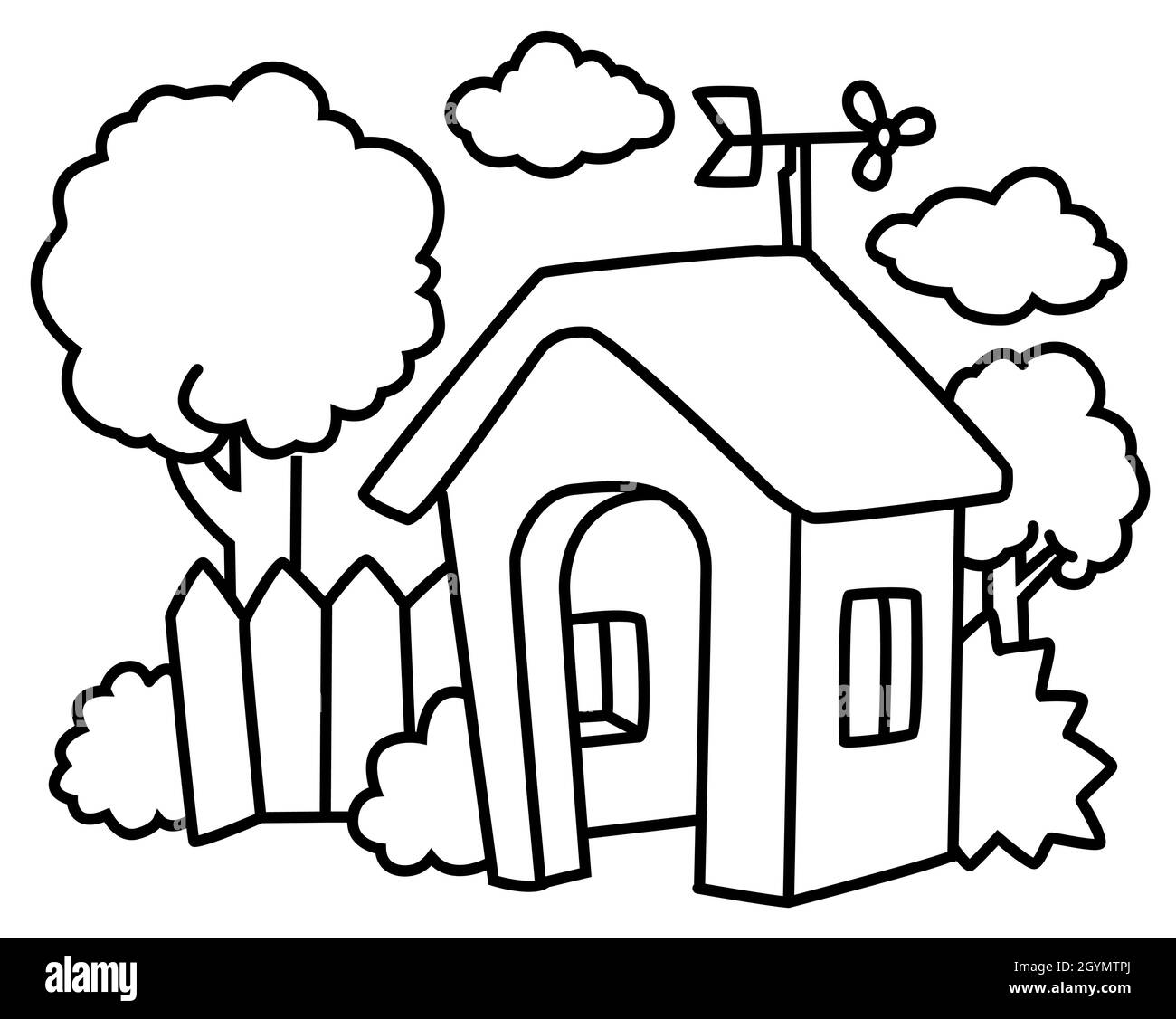 House hut cartoon line drawing, vector, horizontal, black and white ...