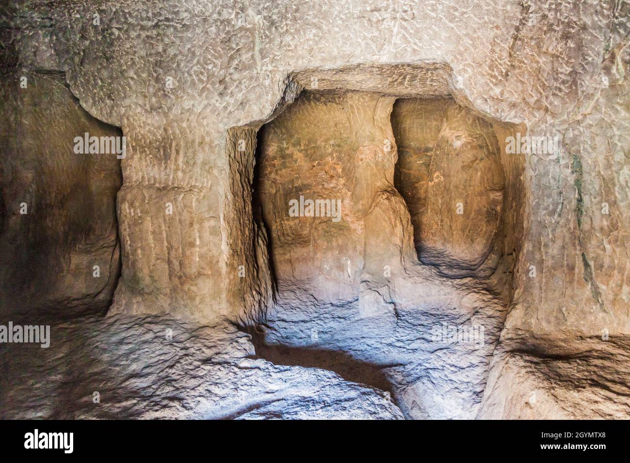 Buddhist monastery carved into a cliff in Ajanta, Maharasthra state ...