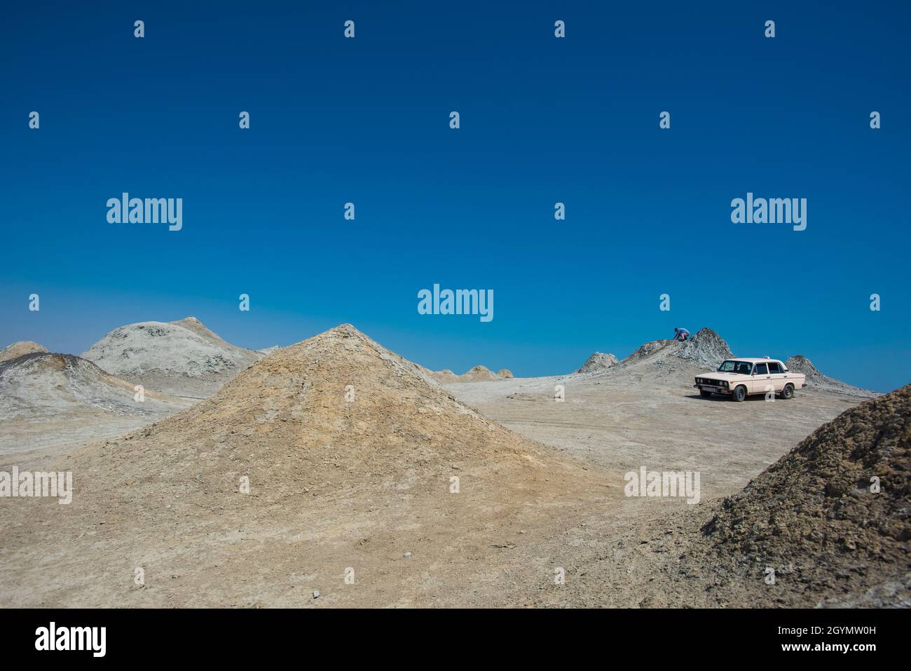 the mud volcanoes of gobustan with a Lada, Azerbaijan Stock Photo - Alamy