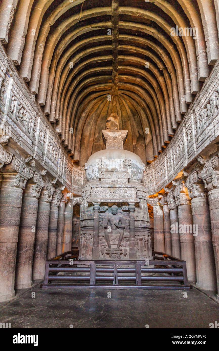 Chaitya prayer hall , cave 26, carved into a cliff in Ajanta ...
