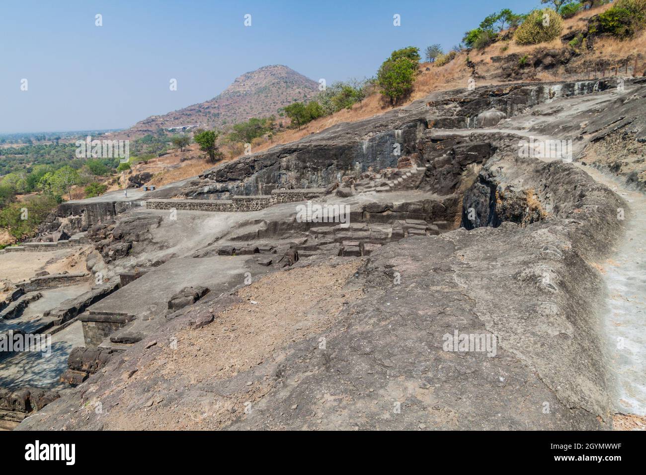 Landscape around carved Kailasa Temple in Ellora, Maharasthra state ...