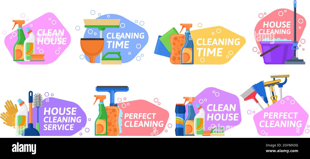 House cleaning services, household equipment emblems. Housekeeping ...