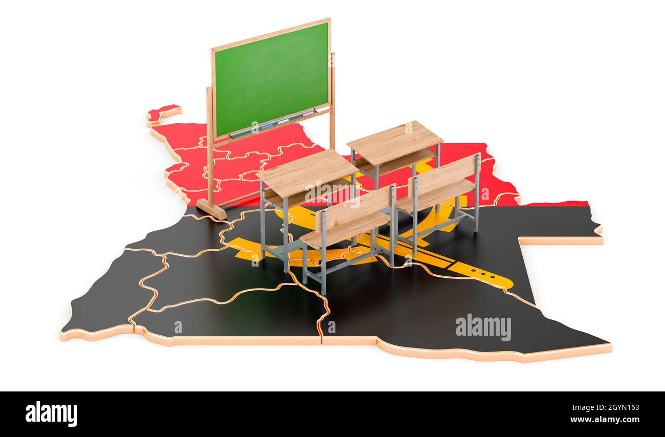 Education in Angola, concept. School desks and blackboard on Angola map ...