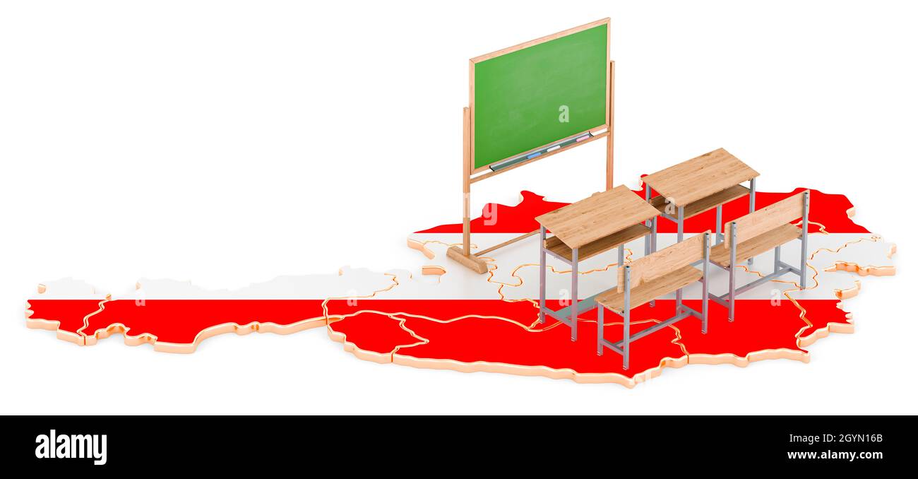 Education in Austria, concept. School desks and blackboard on Austria ...