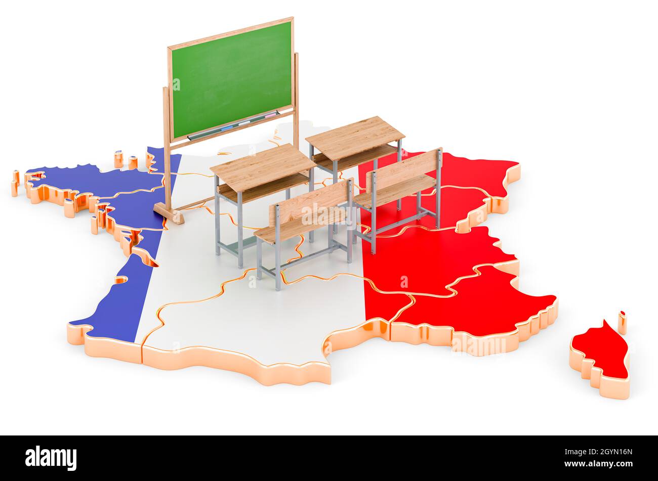 Education in France, concept. School desks and blackboard on France map ...