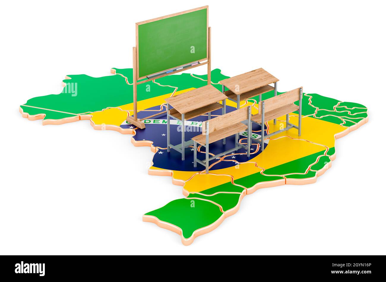 Education in Brazil, concept. School desks and blackboard on Brazil map ...